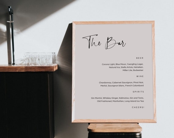 Minimalist Wedding Bar Menu Sign Printable Calligraphy Bar | Etsy