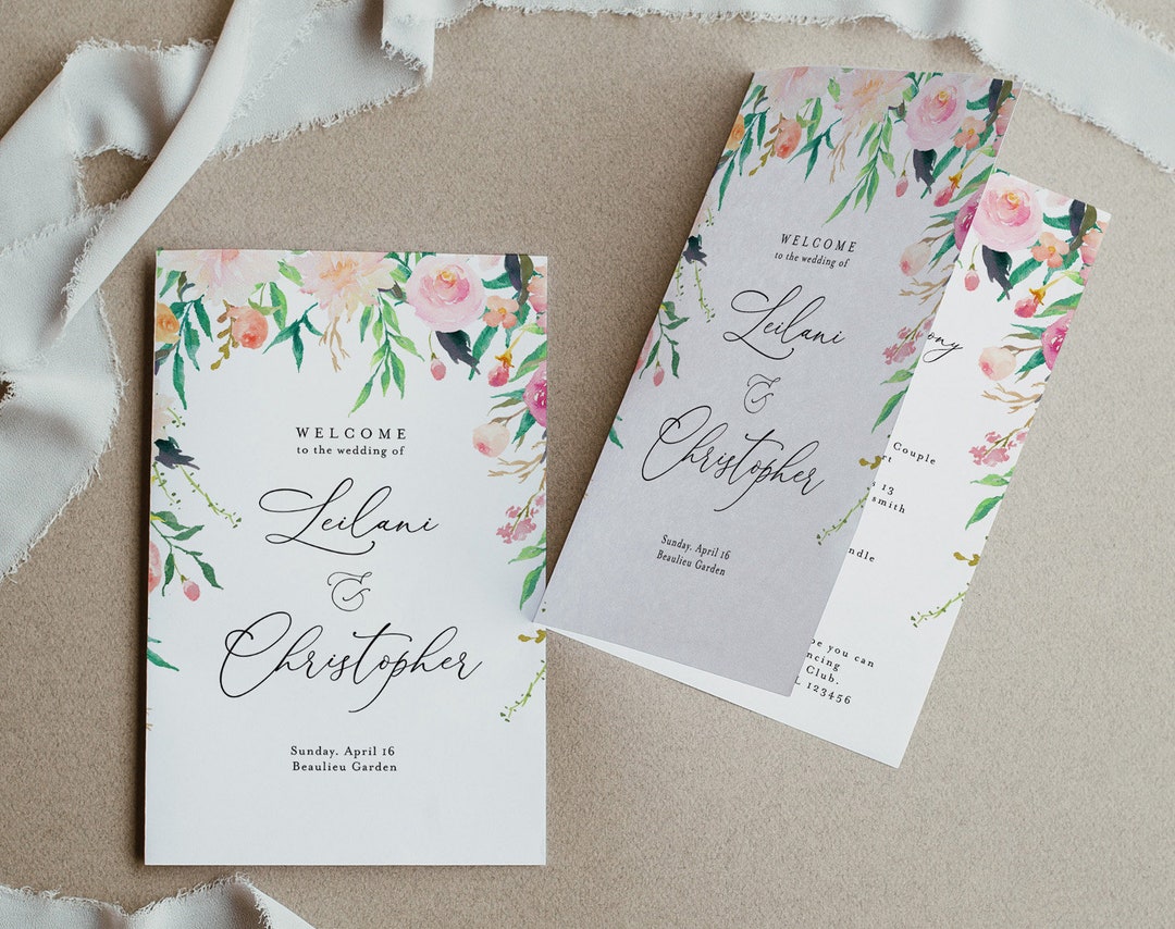 Watercolor Floral Bi-fold Wedding Program Template, Printable Folded ...