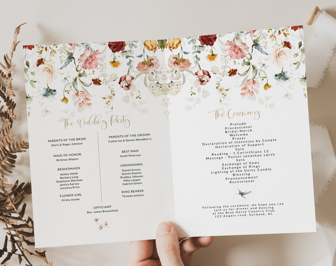 Wildflower Bi-fold Wedding Program Template Printable Folded - Etsy