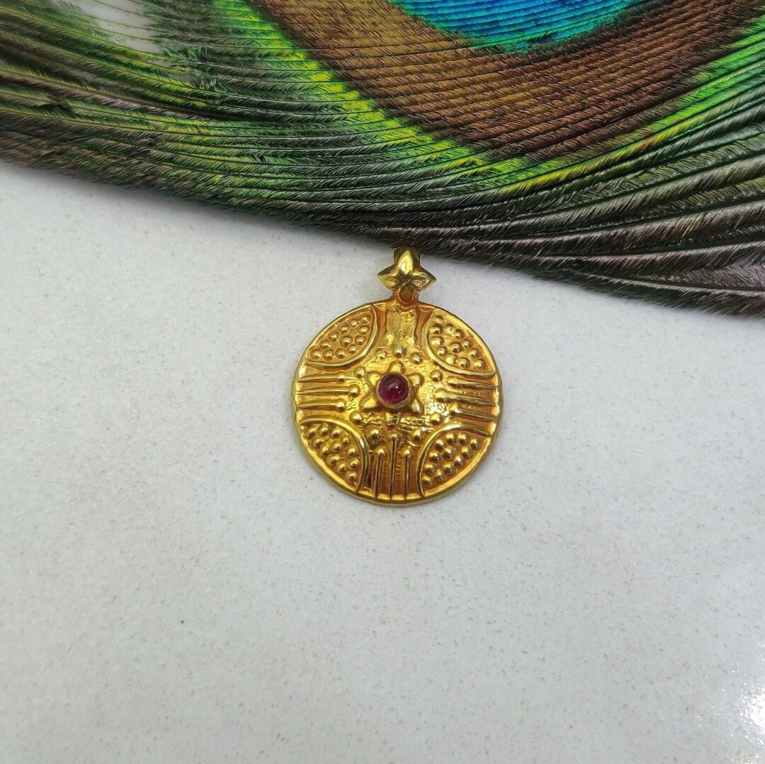 18k Solid Yellow Gold Pendant With Ruby Color Stone, 18k Yellow Gold ...