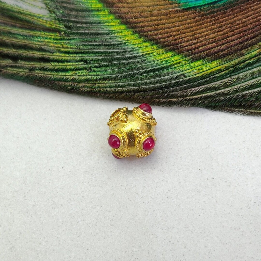 Handmade 10x9mm 18k Yellow Gold Ball Bead Studded With Color Stone ...