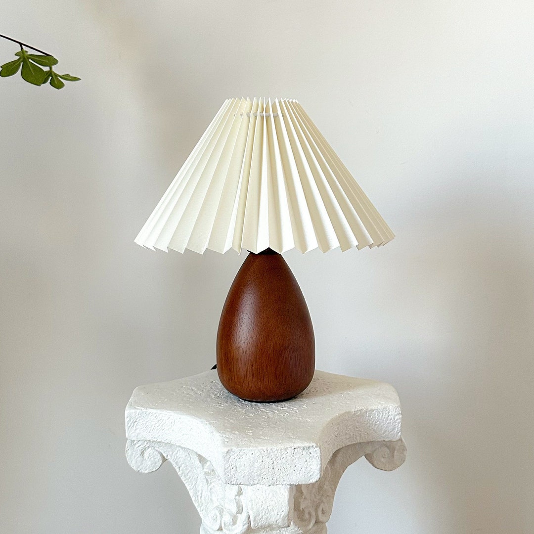 Handmade Small Wood Table Lamp, Pleated Fabric Shade 110-240V, Bedroom ...