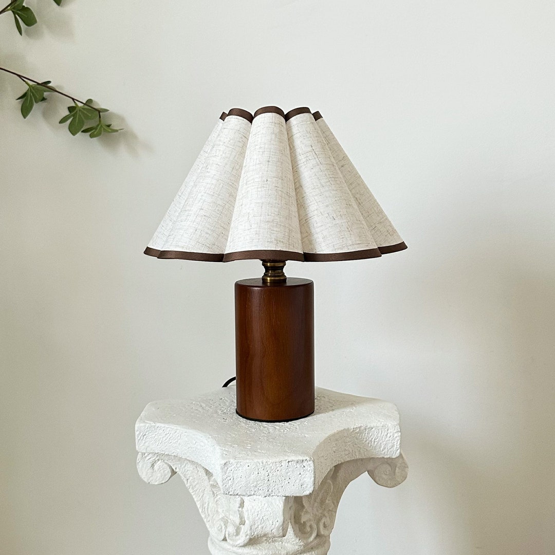 Handmade Wooden Pillar Table Lamp, 110-240V Linen Brown Trim Fabric ...