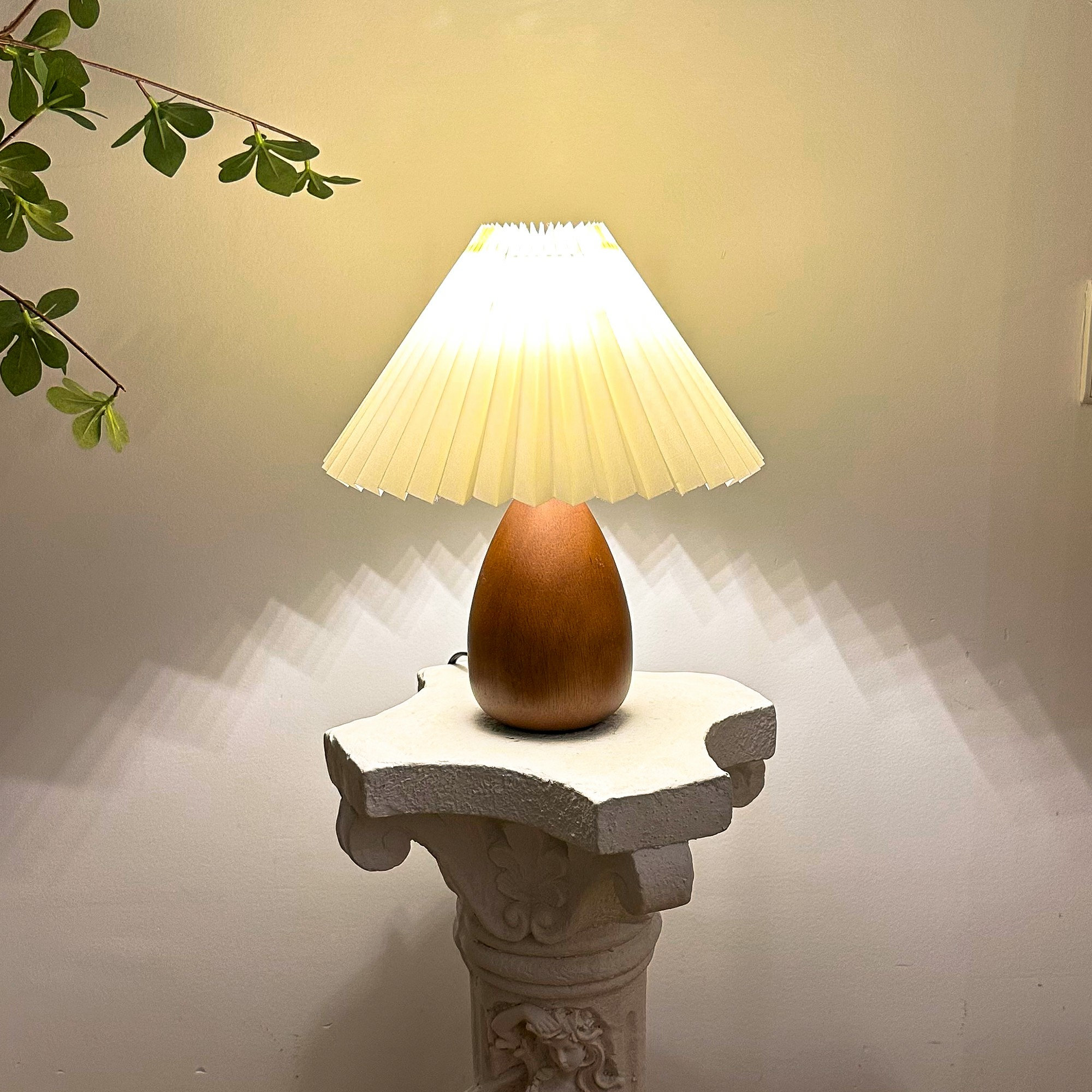 Handmade Small Wood Table Lamp, Pleated Fabric Shade 110-240V, Bedroom ...