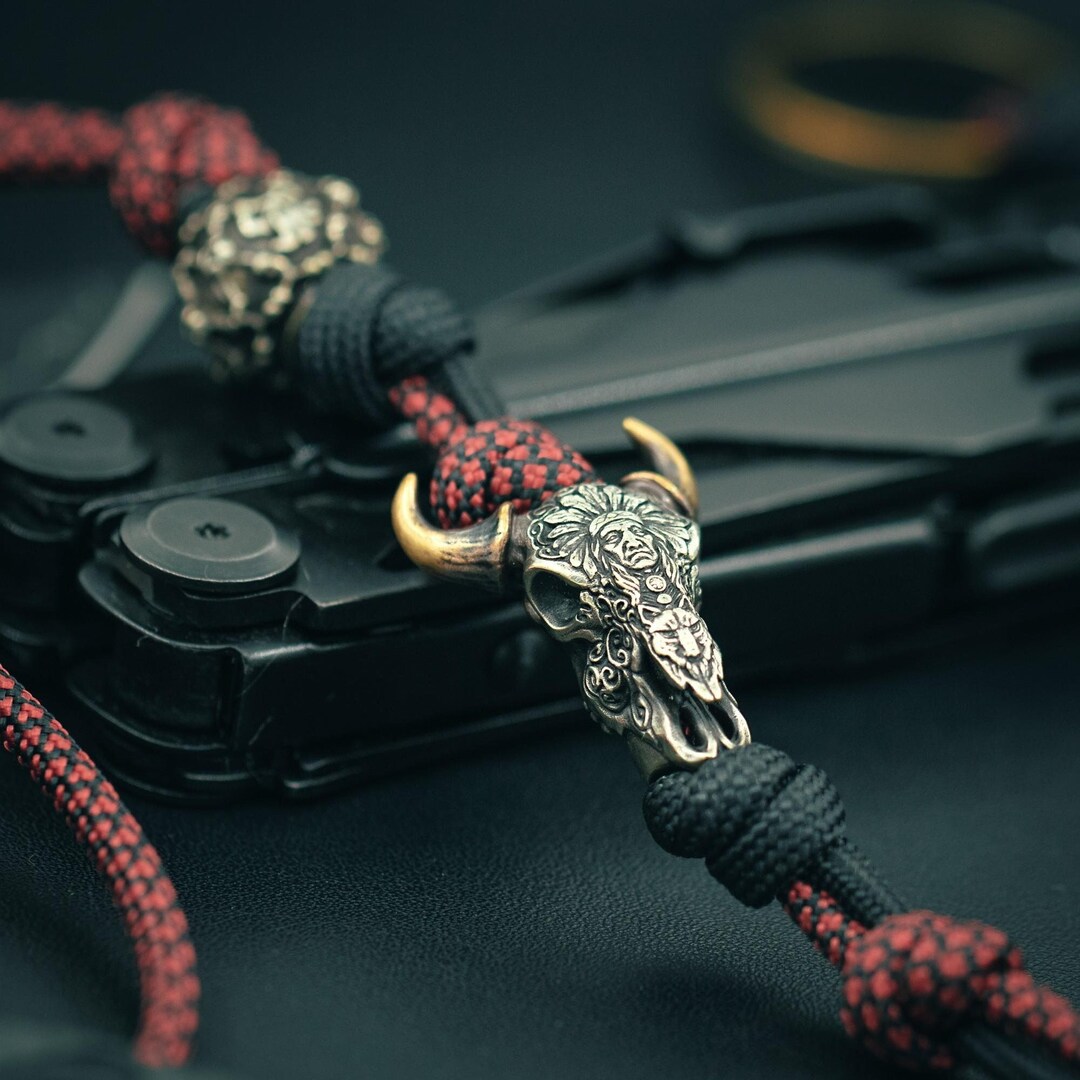 Detailed Bison Skull Bead Engraved With an Indian and Wolf, Bull Head ...