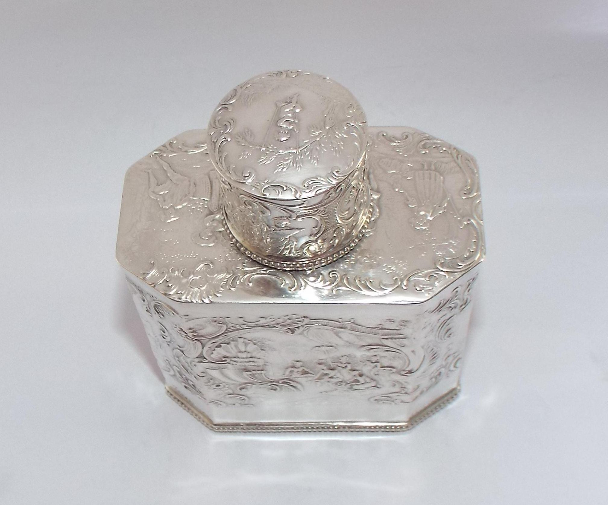 Rare Antique German Hanau 173g SOLID SILVER Tea Caddy, Tea Canister Repousse, Neoclassical ...