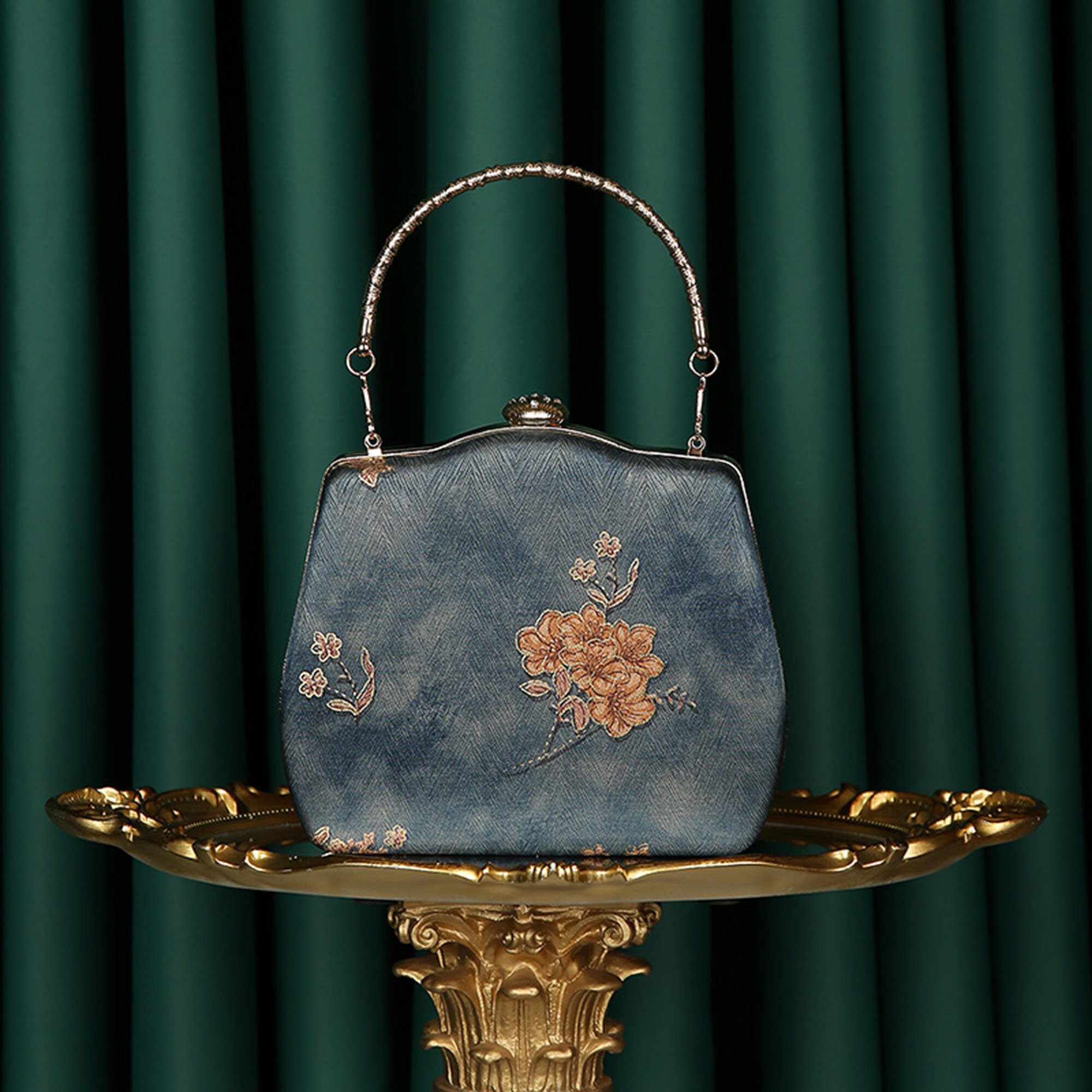 Shell Bag With Floral Pattern White Background Gold Handle - Etsy