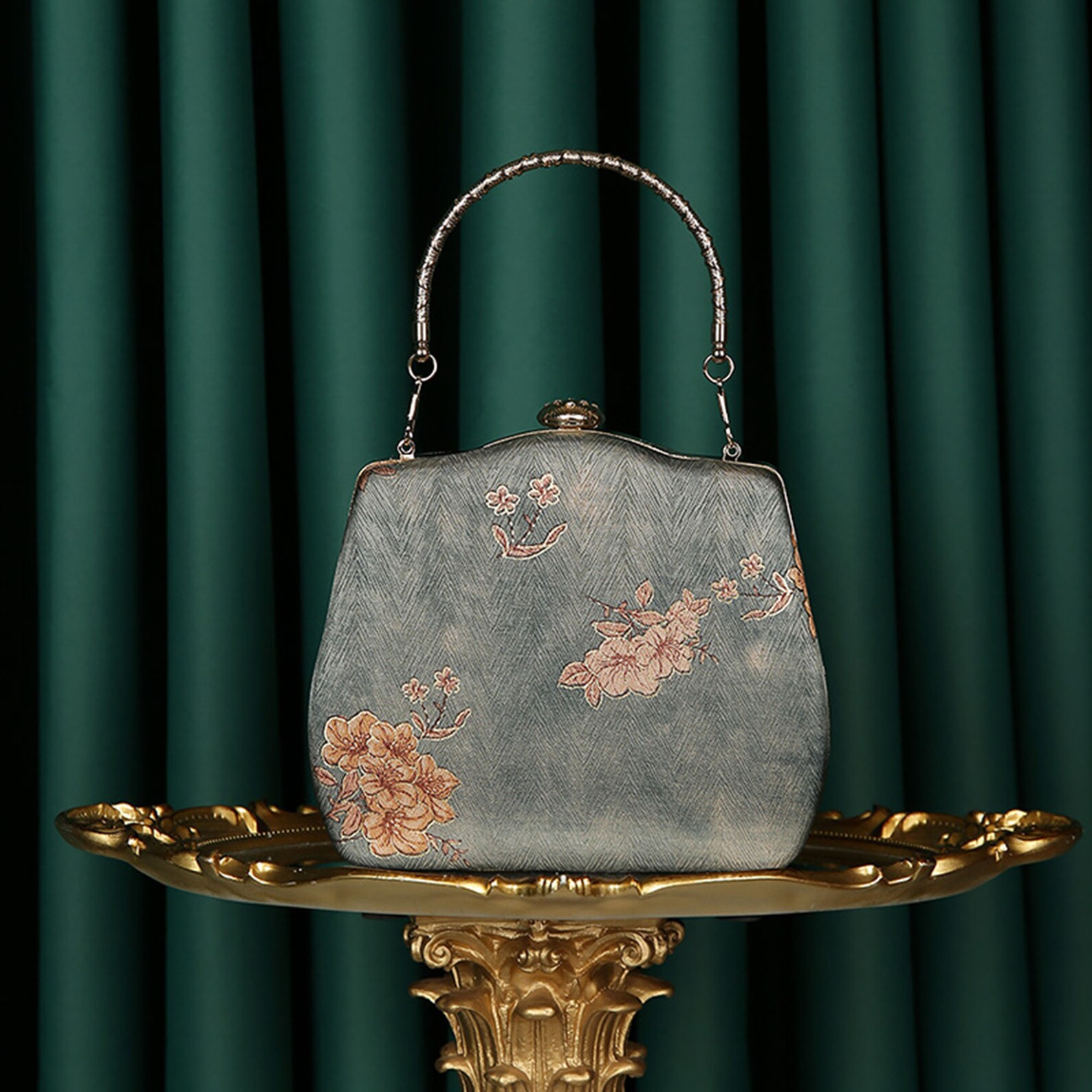 Shell Bag With Floral Pattern White Background Gold Handle - Etsy