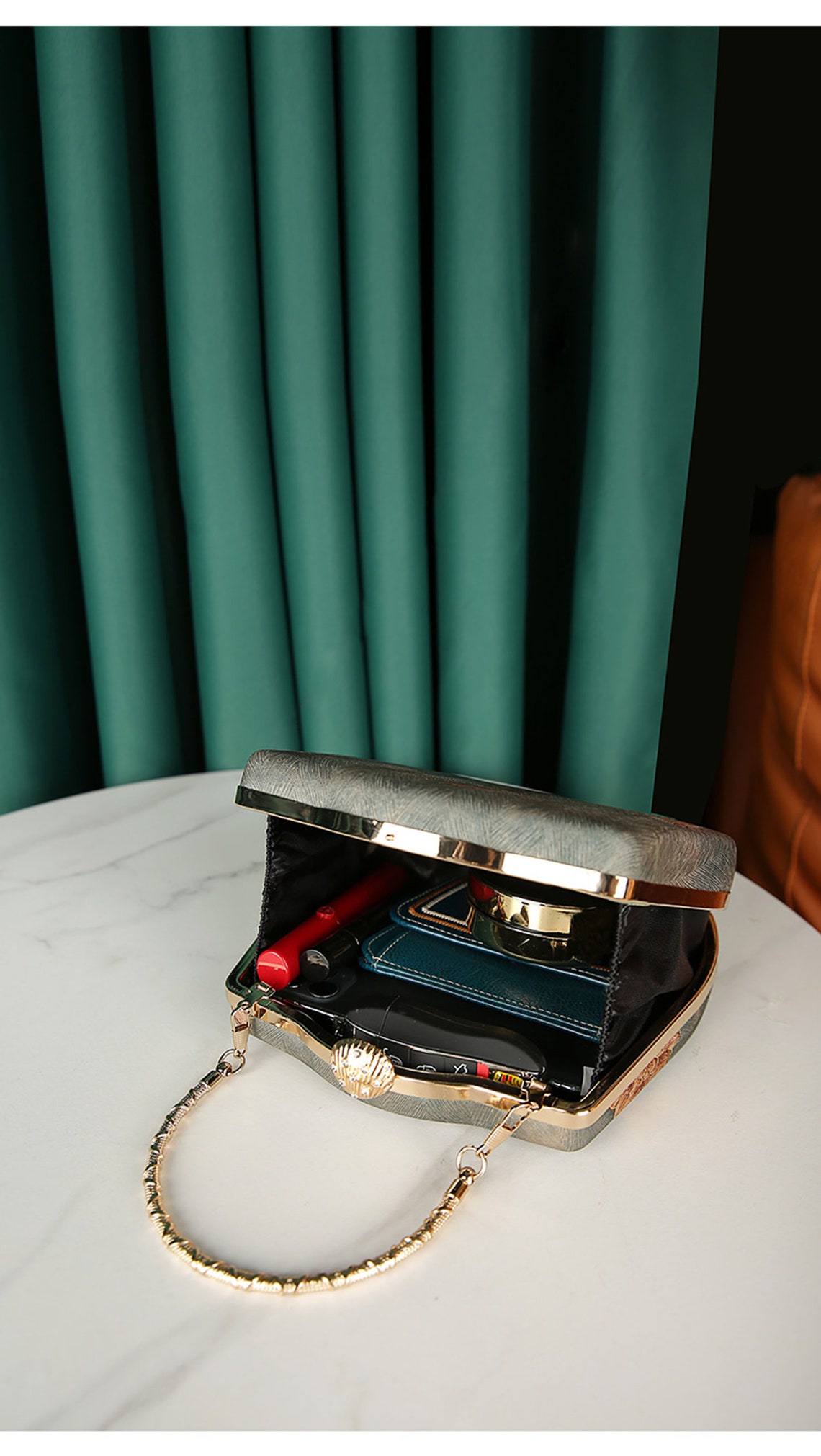 Shell Bag With Floral Pattern White Background Gold Handle - Etsy