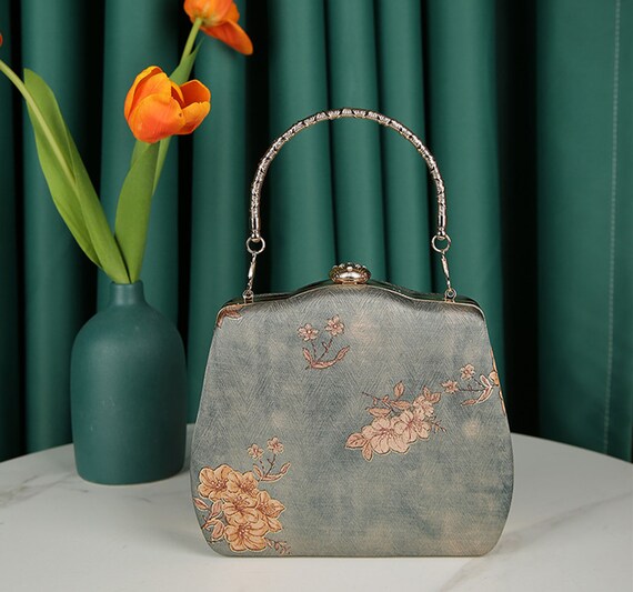 Shell Bag With Floral Pattern White Background Gold Handle - Etsy