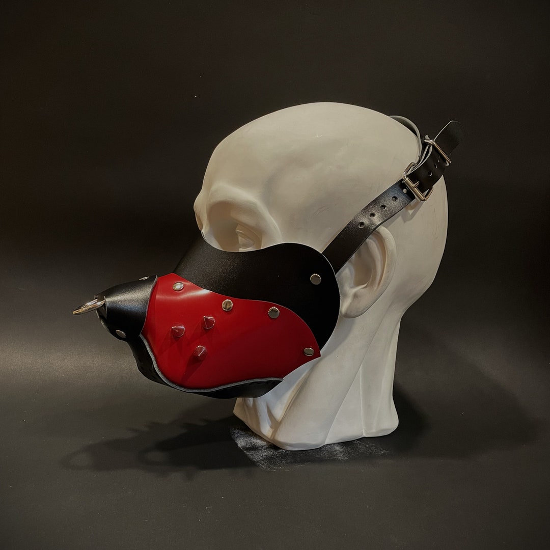 Leather Dog Mask With Spikes Red Muzzle - Leather Puppy Mask - Puppy ...