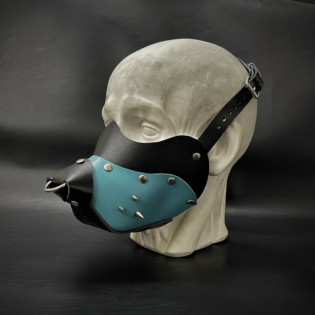 Leather Dog Mask With Spikes Blue Muzzle - Leather Puppy Mask - Puppy ...