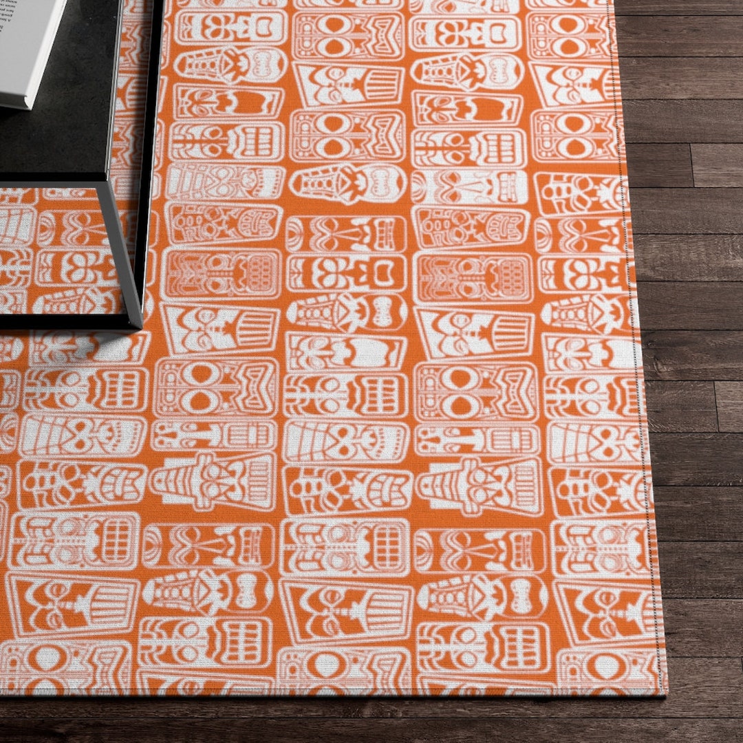 Retro Tiki Mid Century Modern Fire Orange on White Dornier Rug / Add ...
