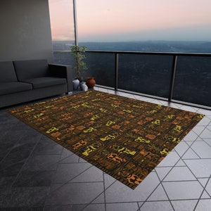 Tiki Mid Century Modern Brown Montage Rug, Indoor / Outdoor Tropical ...