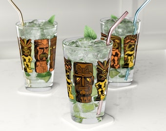 Retro Tiki Pattern Pint Glass 16oz Tropical Midcentury | Etsy