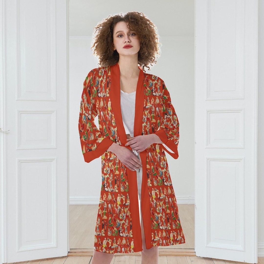Retro Pin Ups on a Women's Red Satin Kimono Robe. Sinfully Stunning - Etsy