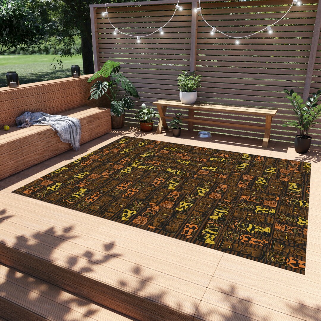 Tiki Mid Century Modern Brown Montage Rug, Indoor / Outdoor Tropical ...