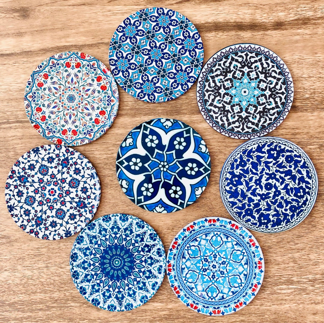 Coasters | Turkish Blue Mandala Coaster Set of 8 | Metal & Cork Drink ...