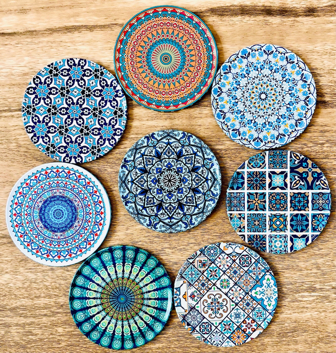 Coaster | Set of 8 Turkish Mosaic Metal Coasters | Mediterranean Boho ...