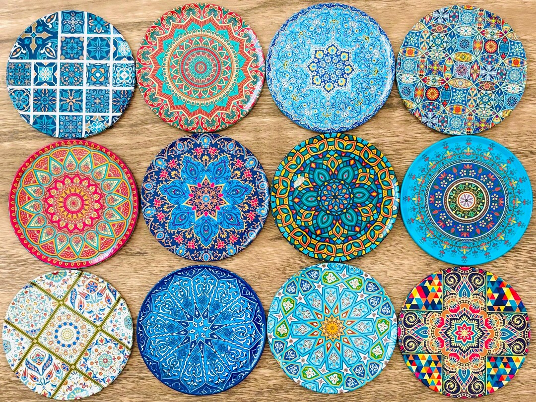 Set of 12 Mediterranean Coaster Set: Turkish Persian Boho Design, Cork ...
