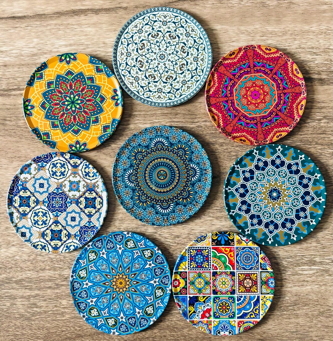 Coasters | Set of 8 Turkish Mandala Coasters | Metal & Cork Drink ...