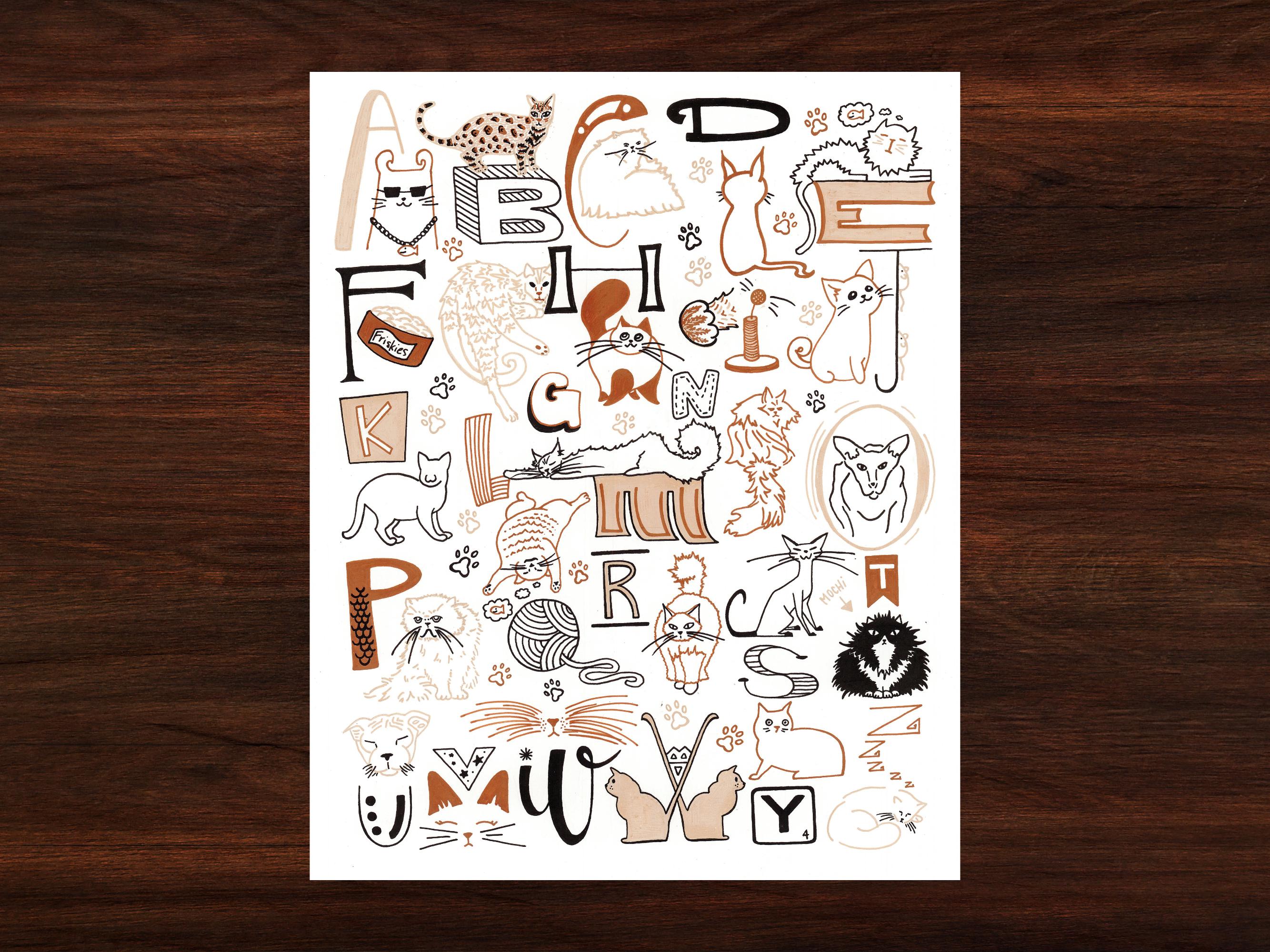 Cat Alphabet, Cat Art, Cats A-Z, Cat Poster, Cat Nursery Decor, School ...