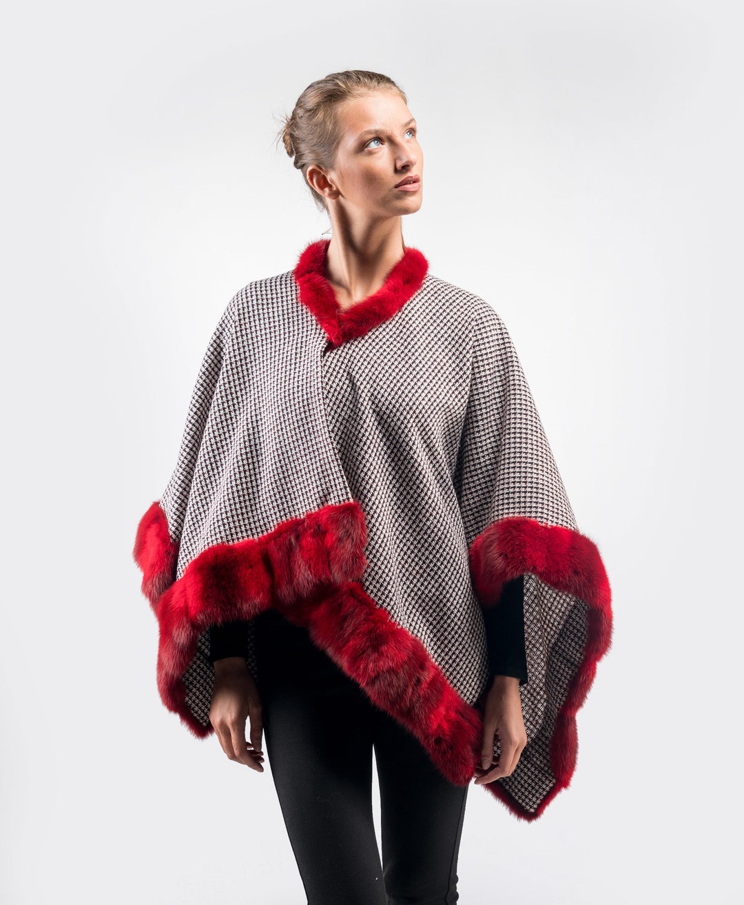 Fluffy Modern Cape: Red Bob Marten Fur Trim, Handcrafted Luxury - Etsy
