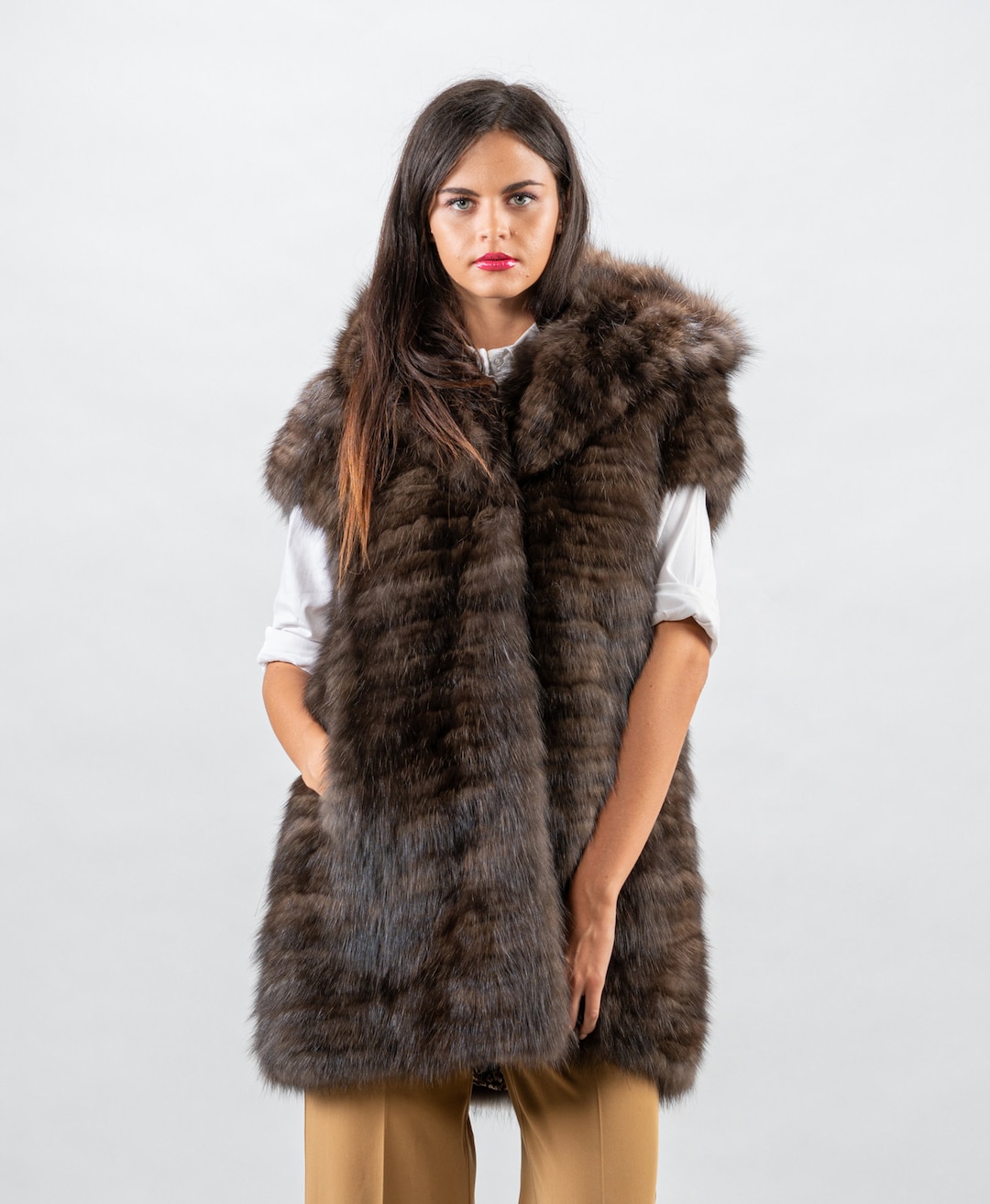 Hooded Sable Fur Vest | Russian Sable Barguzin | Natural Color | Real ...