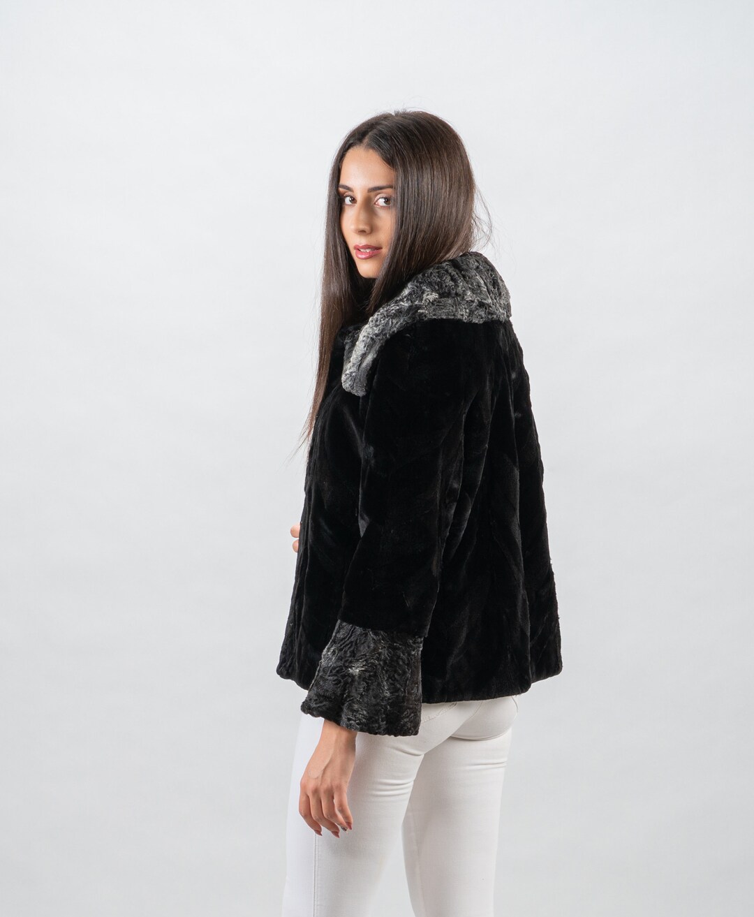 Sheared Mink Fur Jacket: Short Black Winter Coat With Astrakhan Trim - Etsy