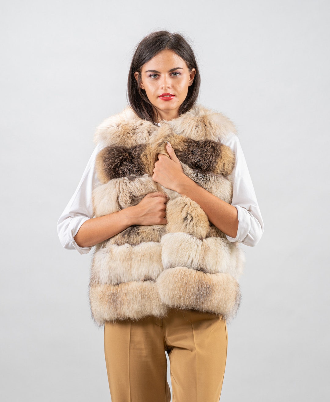 Chaleco de piel Beige Frost Fox / Chaleco de piel de invierno - Etsy España