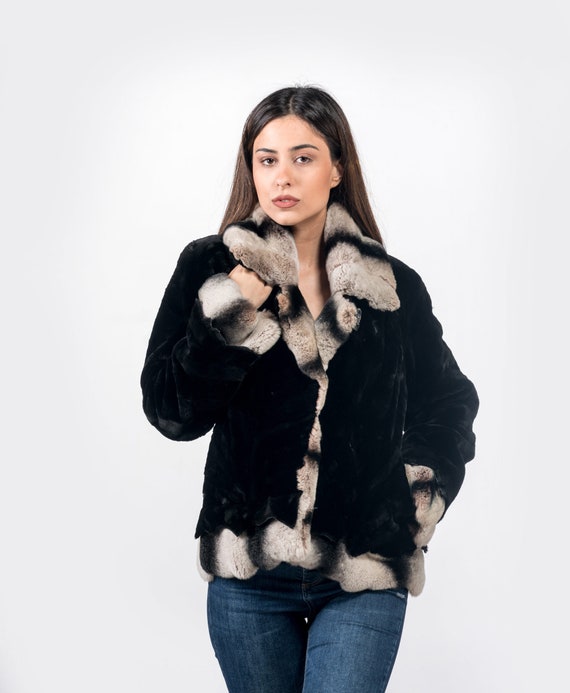 discount with free shipping Rex Rabbit Fur Jacket / Black Sheared Mink ...