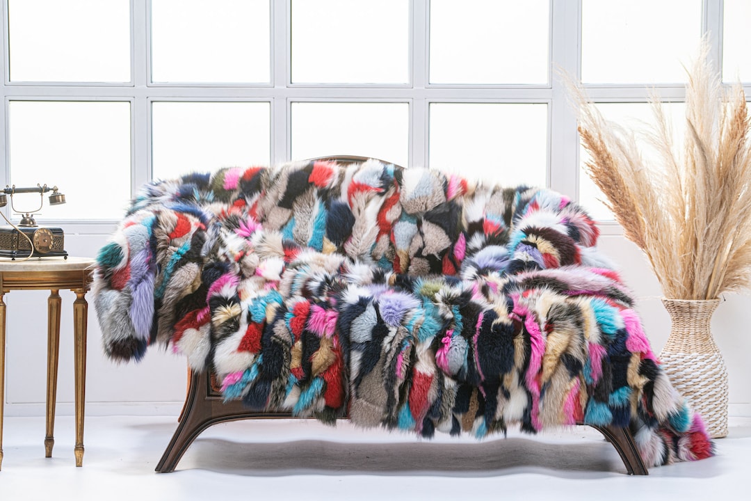 Multicolored Blue Fox Fur Throw Blanket/personalized Gift/real Fur ...