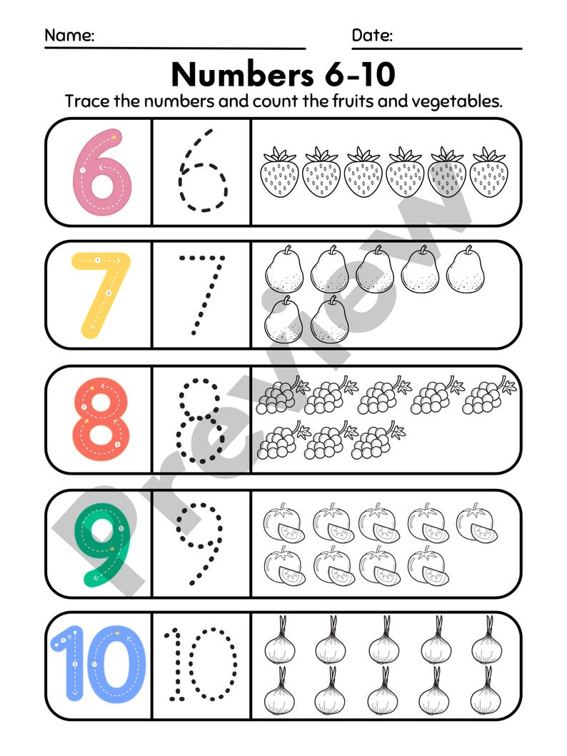 Number Tracing Worksheets 1-10: Fruits & Vegetables (PDF Download) - Etsy