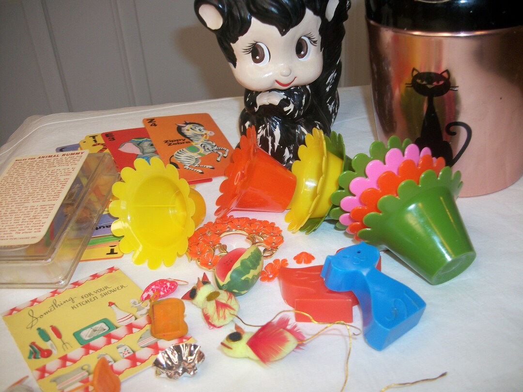Vintage Found Objects 60s Assemblage Kitschy Skunk Atomic Cat Canister ...