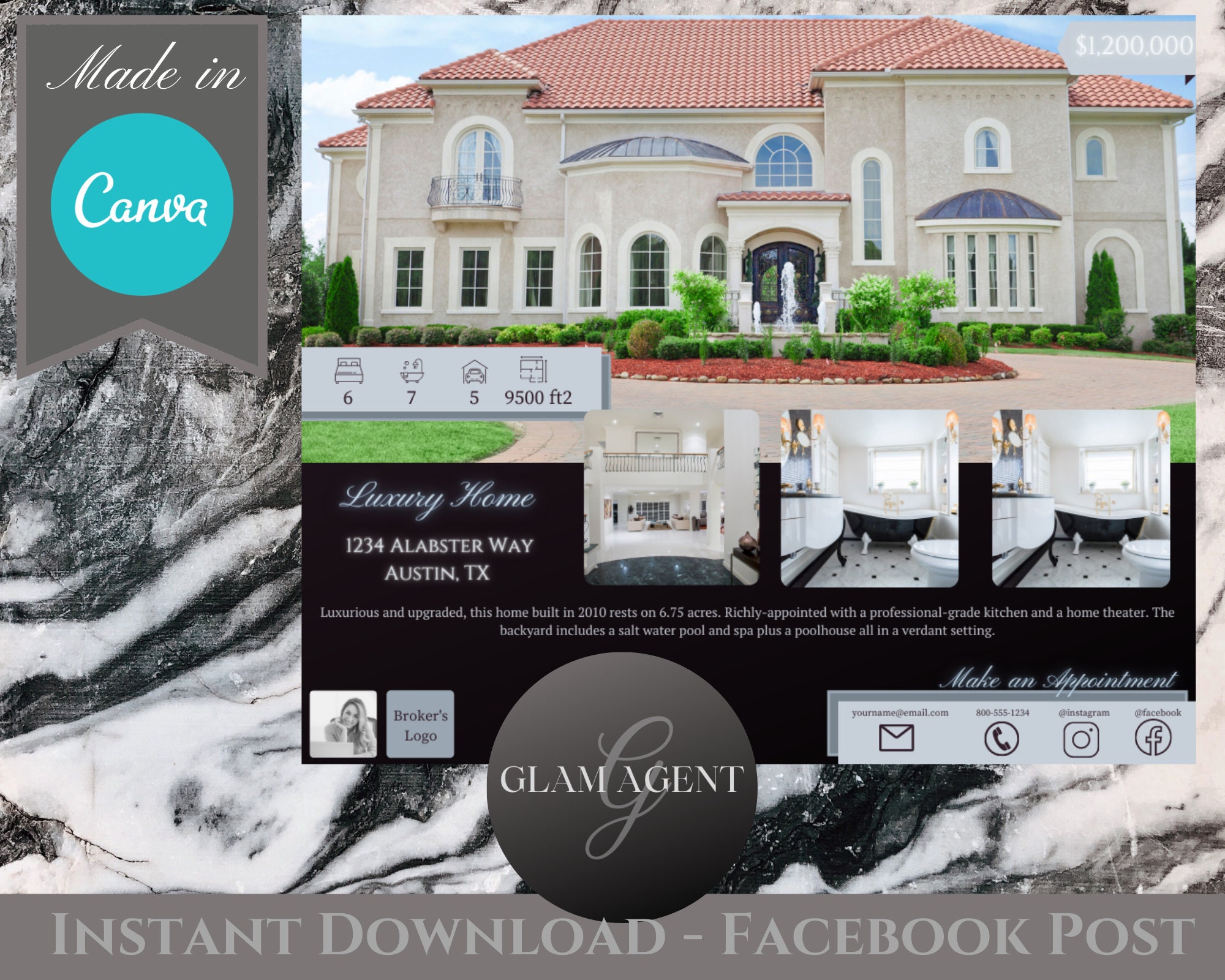 Real Estate Listing Facebook Post Canva Template - Elegant Collection ...