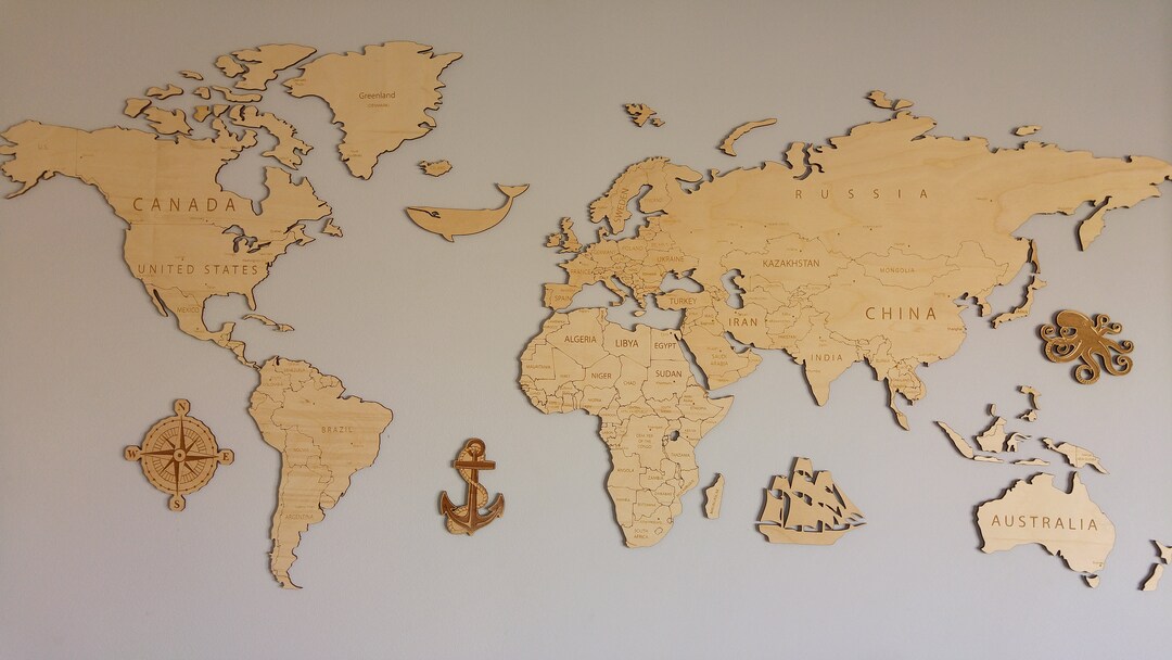 World Map Wall Art Wooden World Map - Etsy