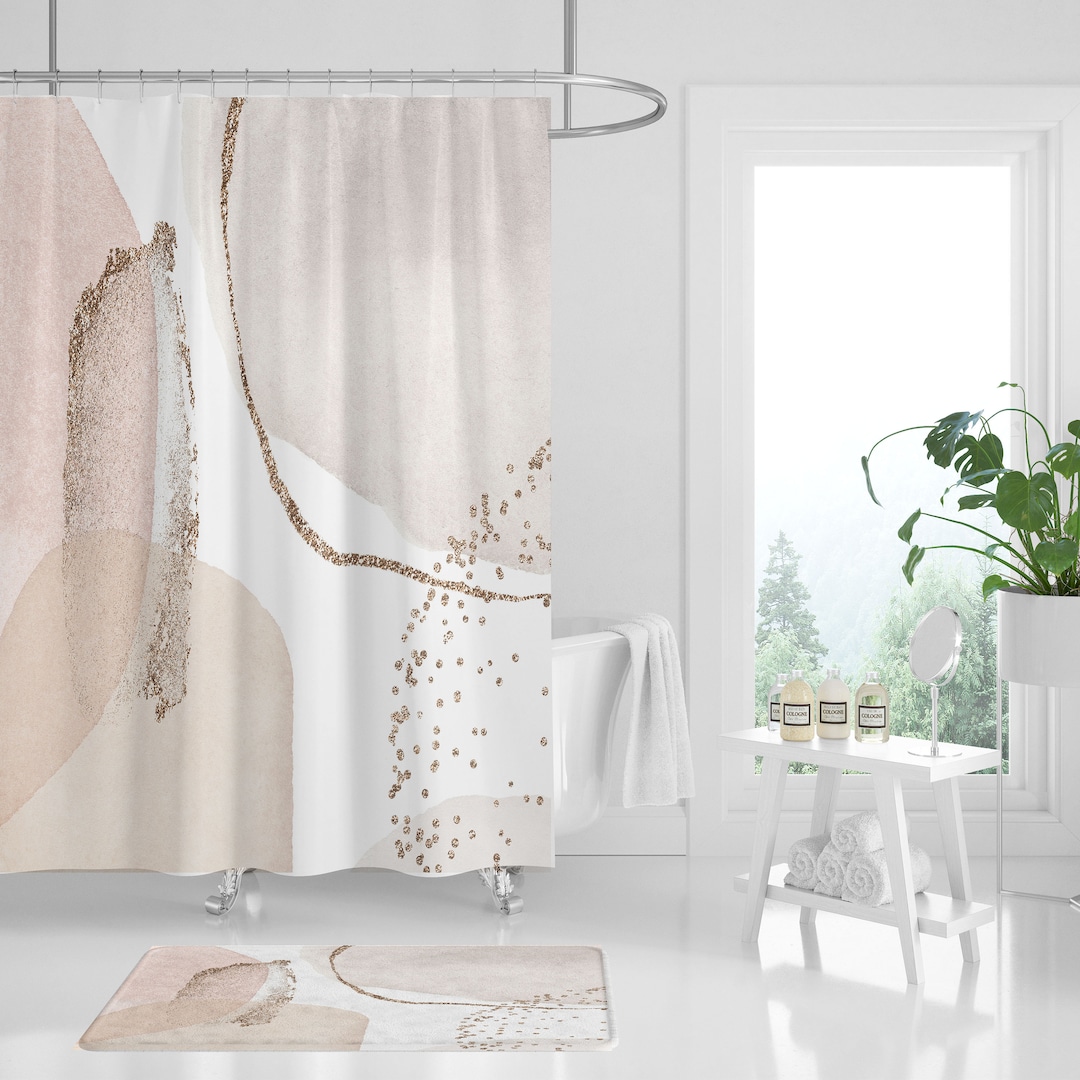 Abstract Art Shower Curtain and Bath Mat, Pastel Earthy, Watercolor ...