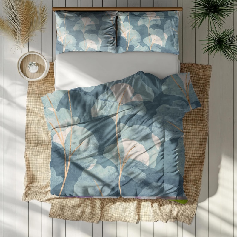 Blue Duvet Cover, Light Blue Beige, Ginko Leaves, Abstract Floral Art ...