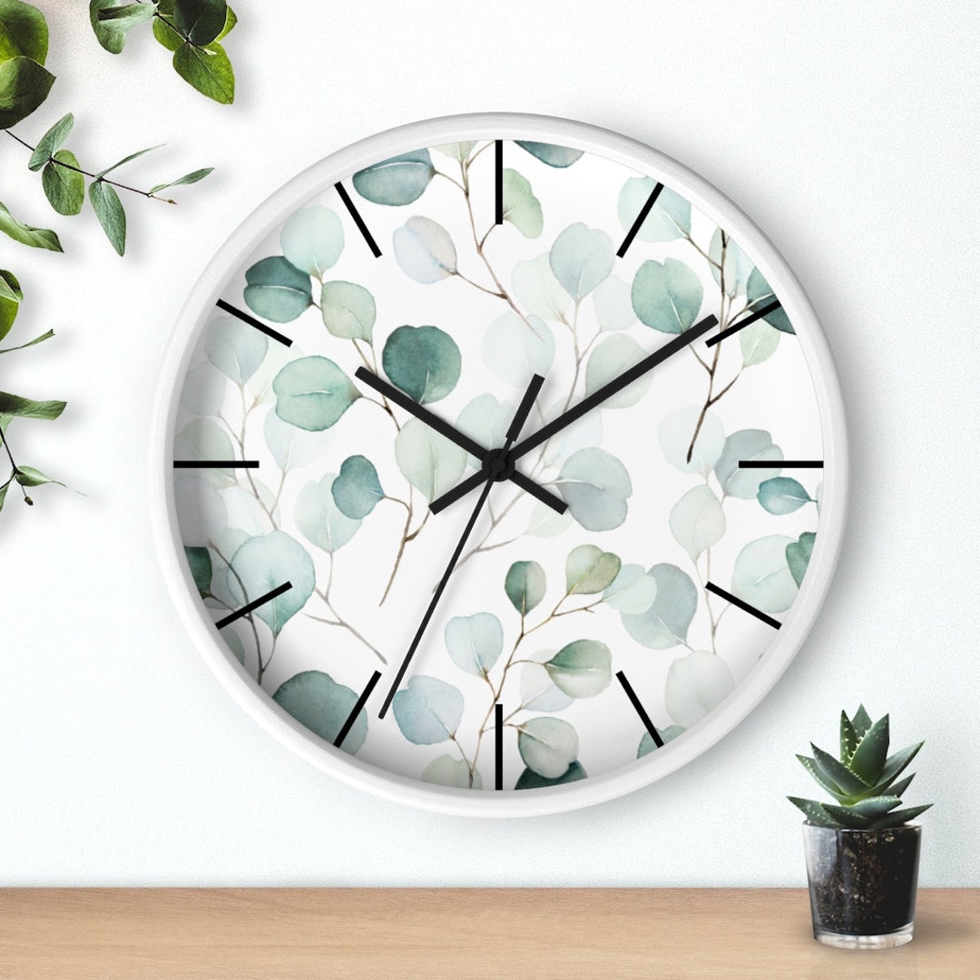 Eucalyptus Wall Clock, Floral Wall Clock, Mint Green White, Silent ...