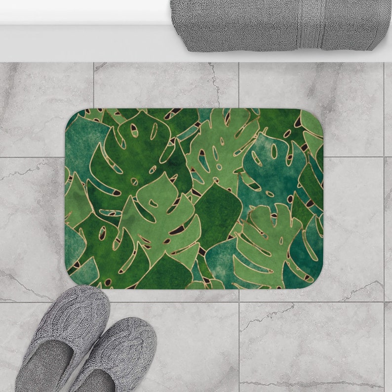 Bohemian Bath Mat Tropical Leaves Forest Emerald Green | Etsy