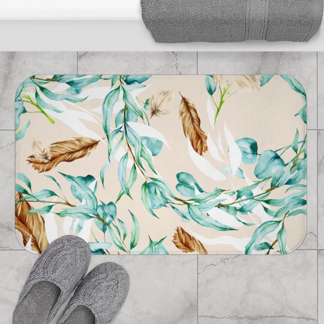 Bohemian Bath Mat, Kitchen Rug, Soft Green,ivory, Eucalyptus Leaves ...