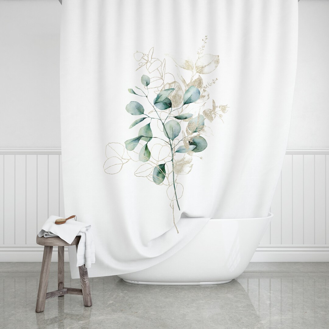 Boho Shower Curtain Eucalyptus Floral White Sage Green Muted Gold
