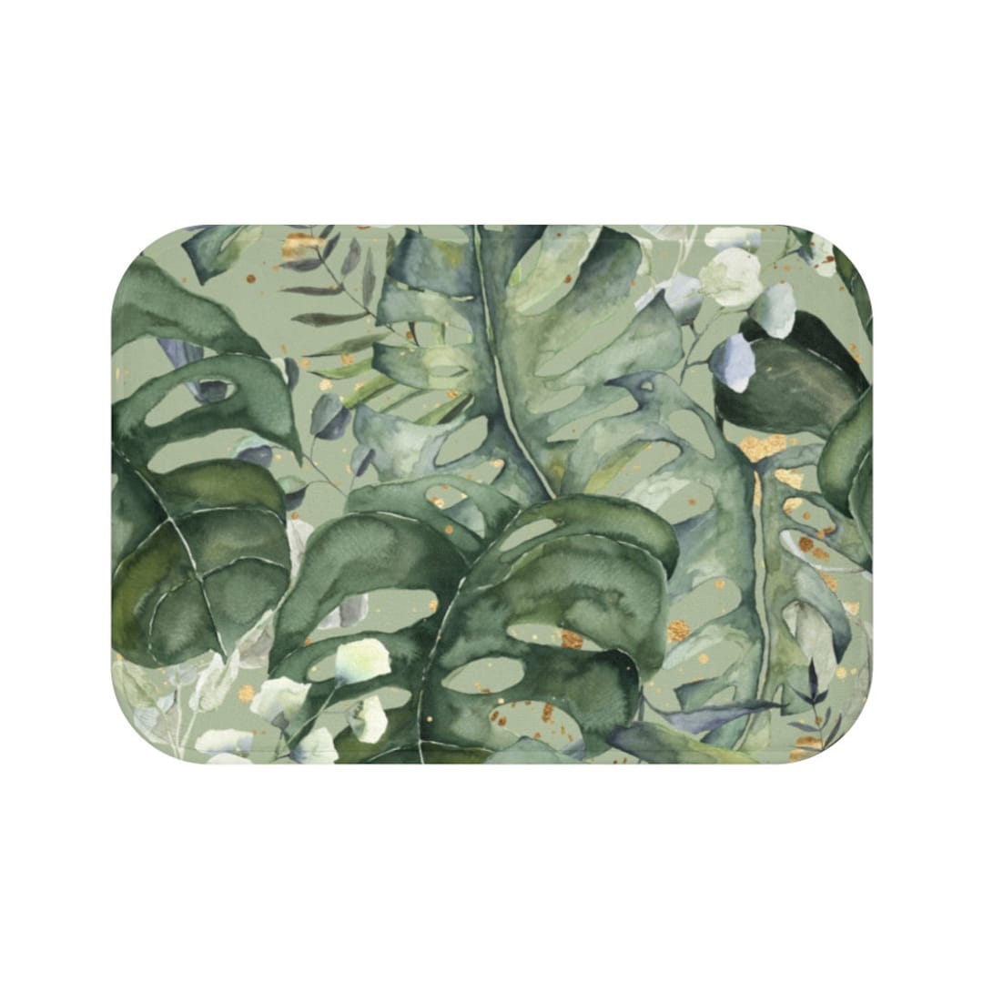 Bohemian Bath Mat, Jungle Tropical, Monstera Leaves, Forest Green Beige ...