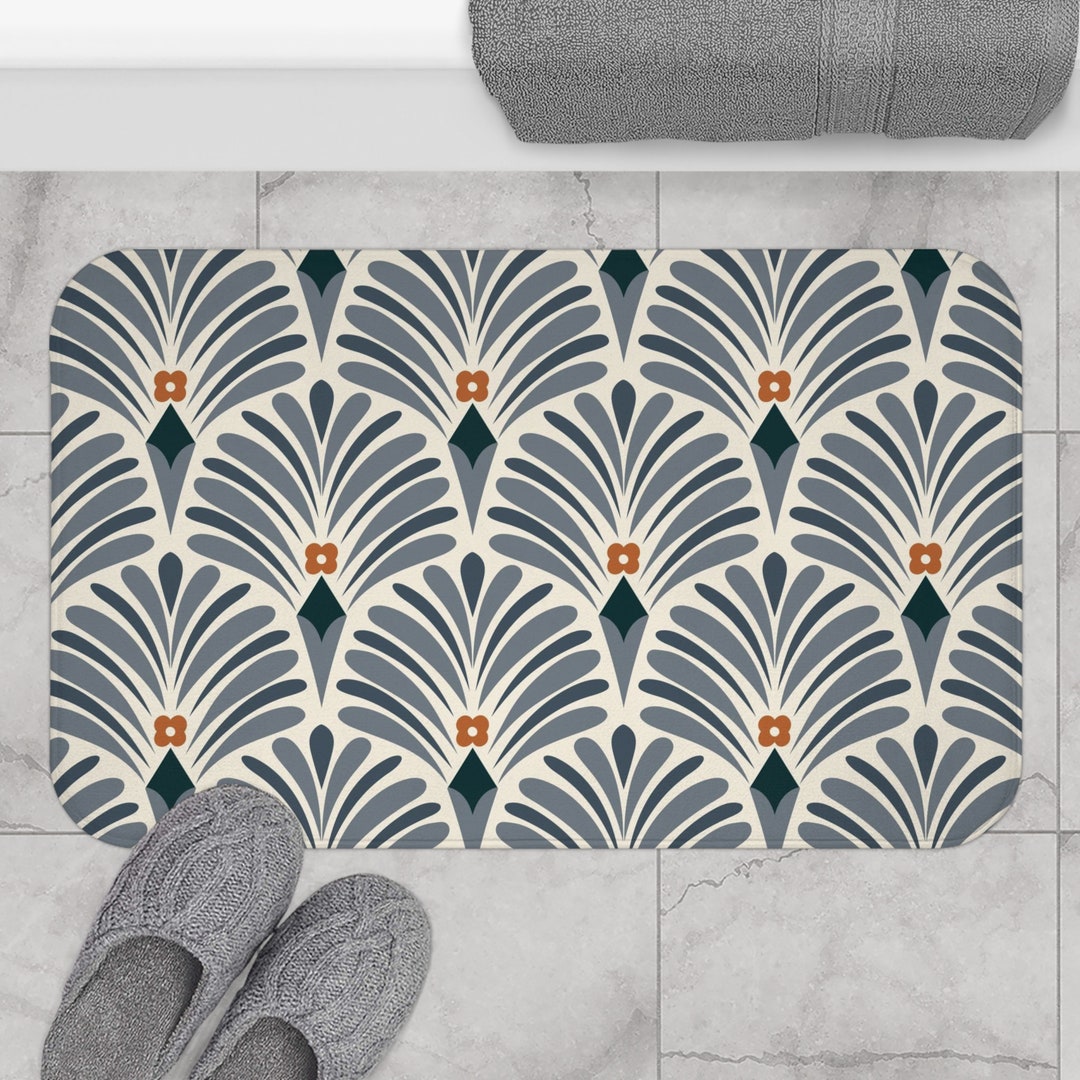 Vintage, Art Deco Bath Mat, Kitchen Mat | Retro Geometric, Grey, Navy ...