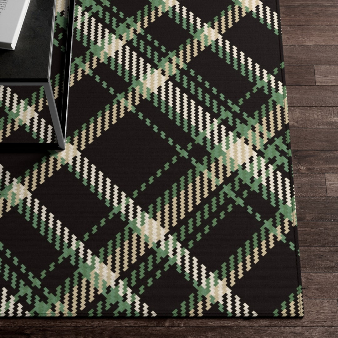 Retro Checkered Area Rug Plaid Floor Rug, Black Sage Green, Beige Cream ...