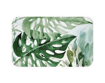 Bohemian Bath Mat Large Monstera Tropical Green Leaves | Etsy