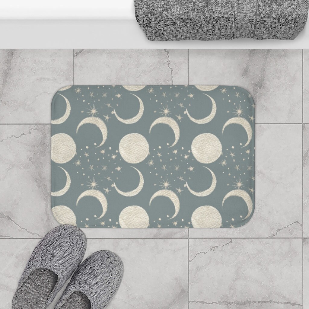 Boho Bath Mat and Rug, Dark Gray Ivory, Full Moons Stars, Celestial ...