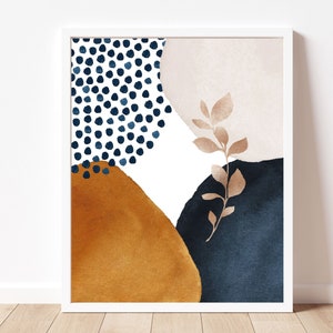Boho Wall Decor Art Prints, Navy Blue, Rust Burnt Orange, Beige Floral ...