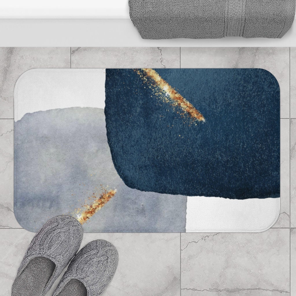 Boho Chic, Abstract Bath Mat, Dusty Navy Blue, Beige Color Blocks ...