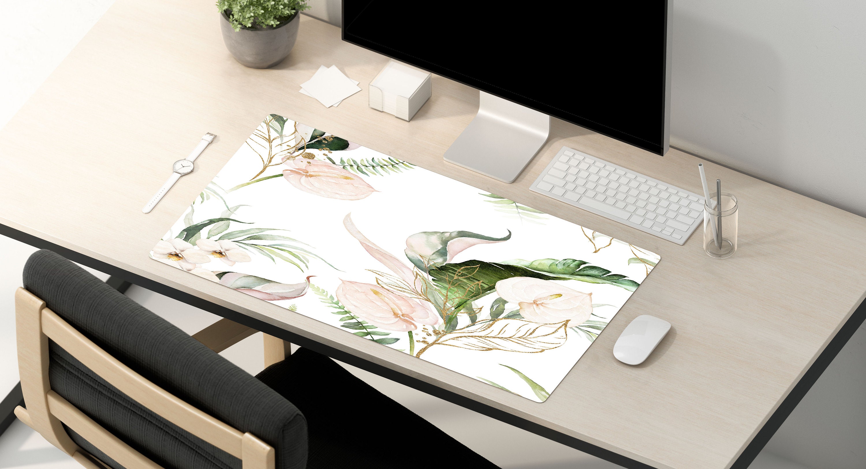 Floral Desk Mat Anthurium Orchids Tropical Leaves | Etsy